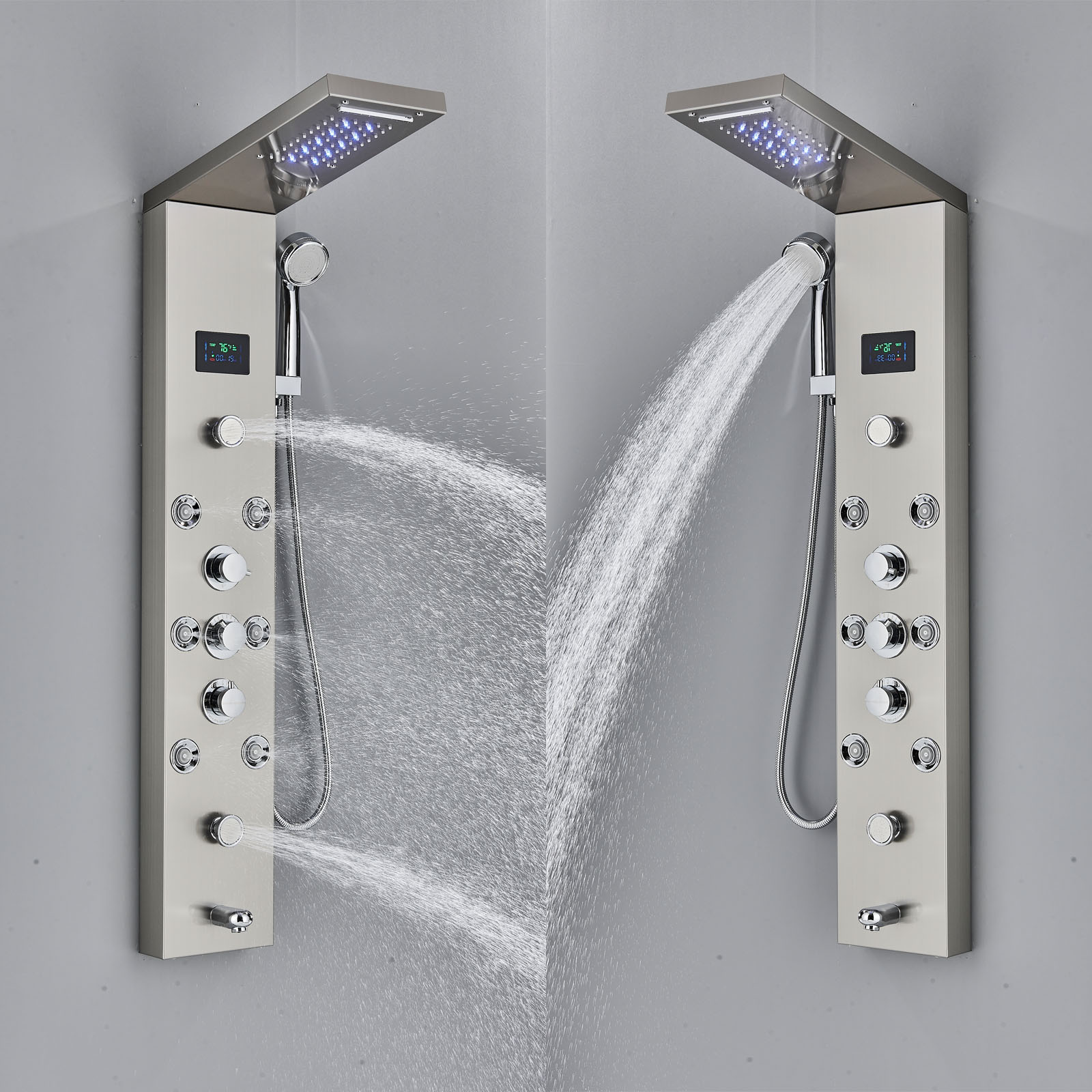 LED Brushed Nickel Shower Panel Rain&Waterfall Tower Massage Jets W ...