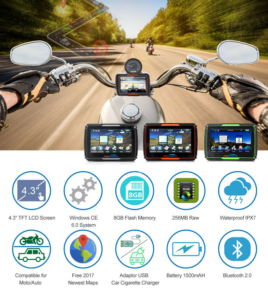 4.3" Bluetooth Motorcycle GPS Navigation 8GB Waterproof IPX7 Touch ...