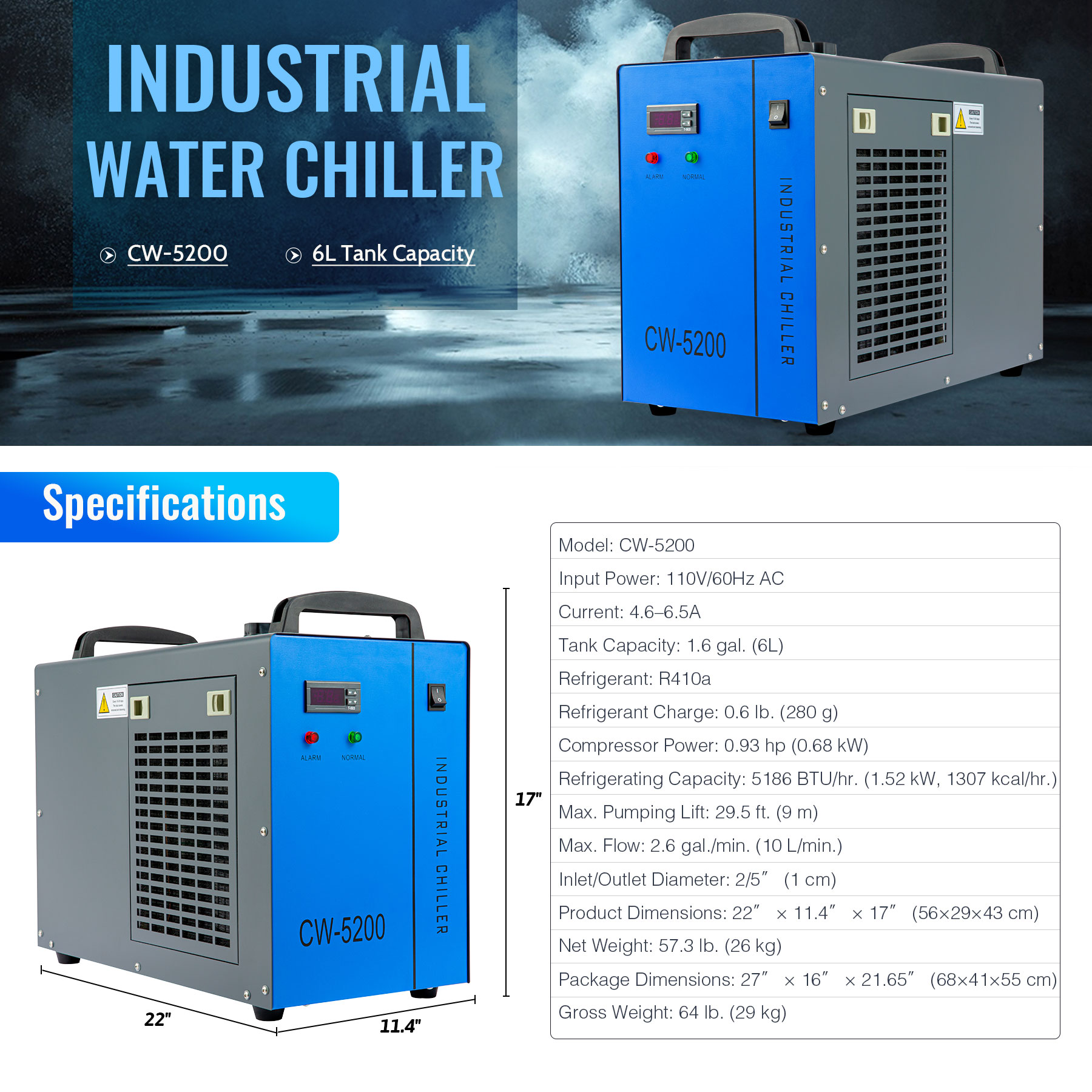 OMTech Water Chiller CW-6000/ CW-5202/CW-5200/CW-3000 f. CO2 Laser Tube ...