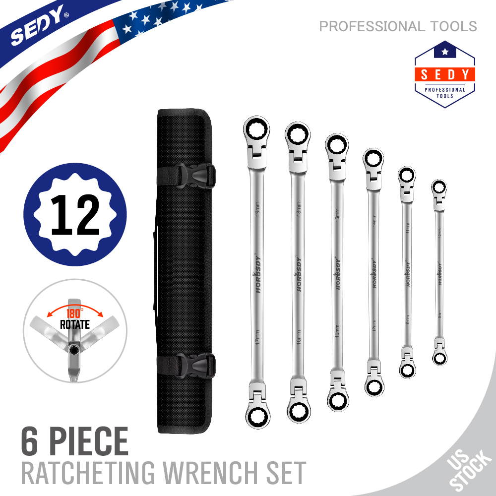 Double Box End Ratcheting Wrench Flex-Head Extra Long 6 PC Spanner Set Metric | eBay