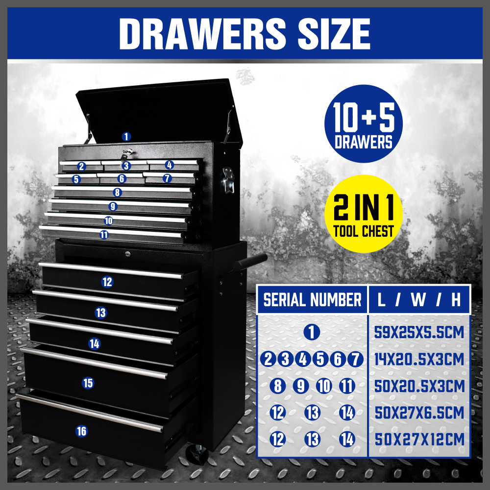 15-Drawer Tool Box Trolley Cabinet - Lockable Storage Cart Garage Tool ...