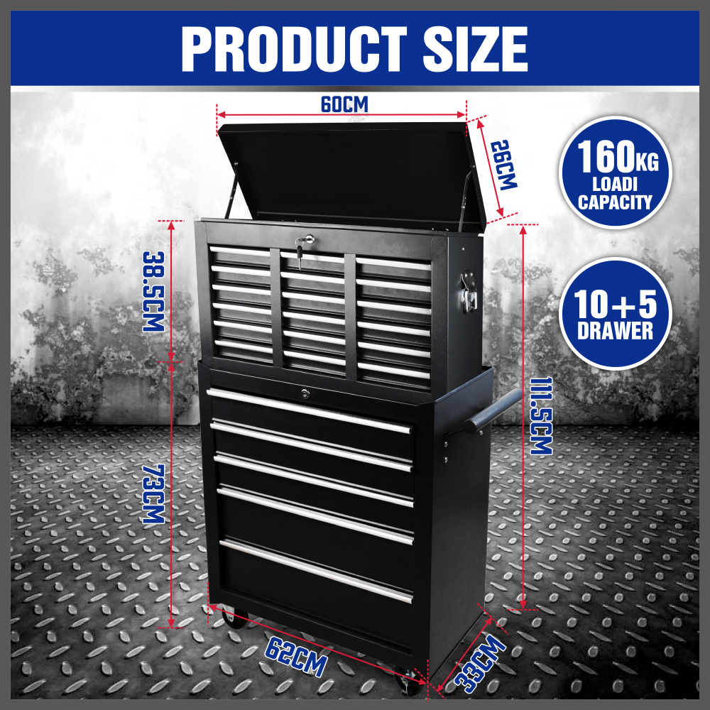 15-Drawer Tool Box Trolley Cabinet - Lockable Storage Cart Garage Tool ...