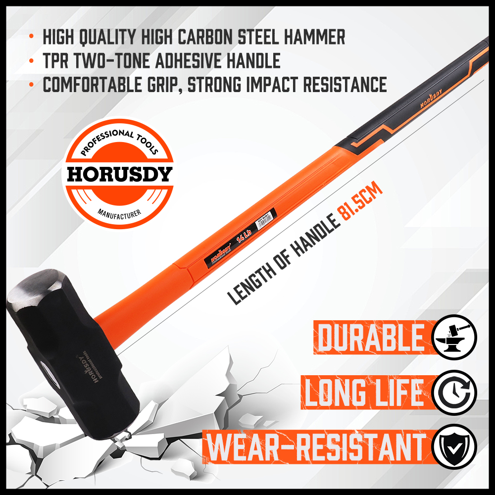 HORUSDY 14LB Heavy Duty Super Long Steel Hammer Double Octagonal Rubbe ...