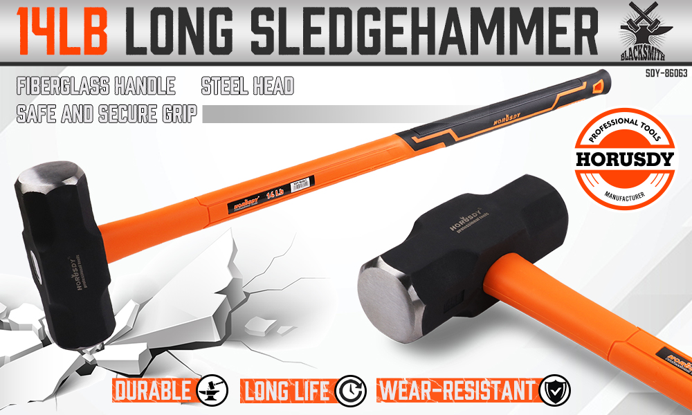 HORUSDY 14LB Heavy Duty Super Long Steel Hammer Double Octagonal Rubbe ...