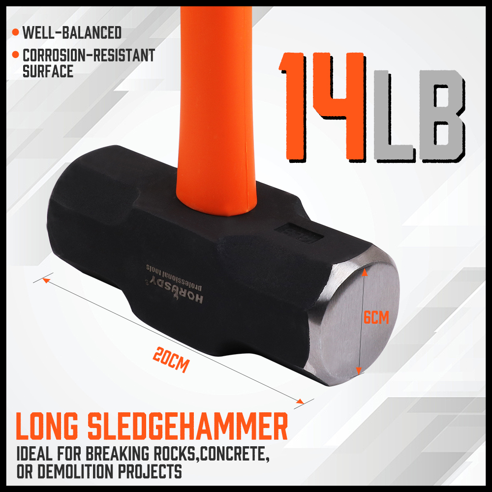 HORUSDY 14LB Heavy Duty Super Long Steel Hammer Double Octagonal Rubbe ...
