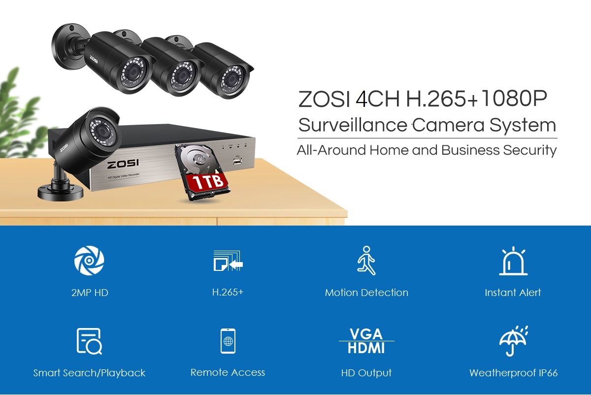 ZOSI CCTV 4CH 1080P DVR 1TB Outdoor 3000TVL Security Camera System ...