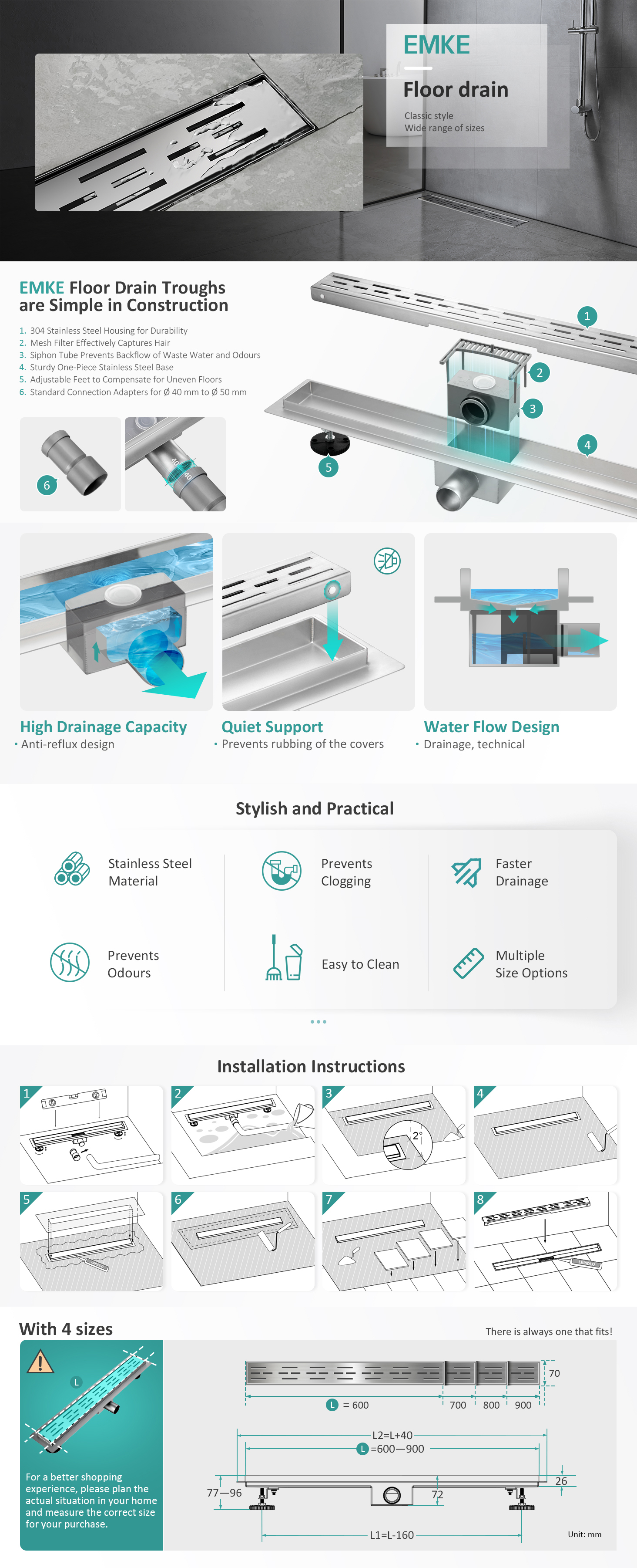 EMKE Linear Shower Drain 800mm 304 Stainless Steel Floor Drain ...
