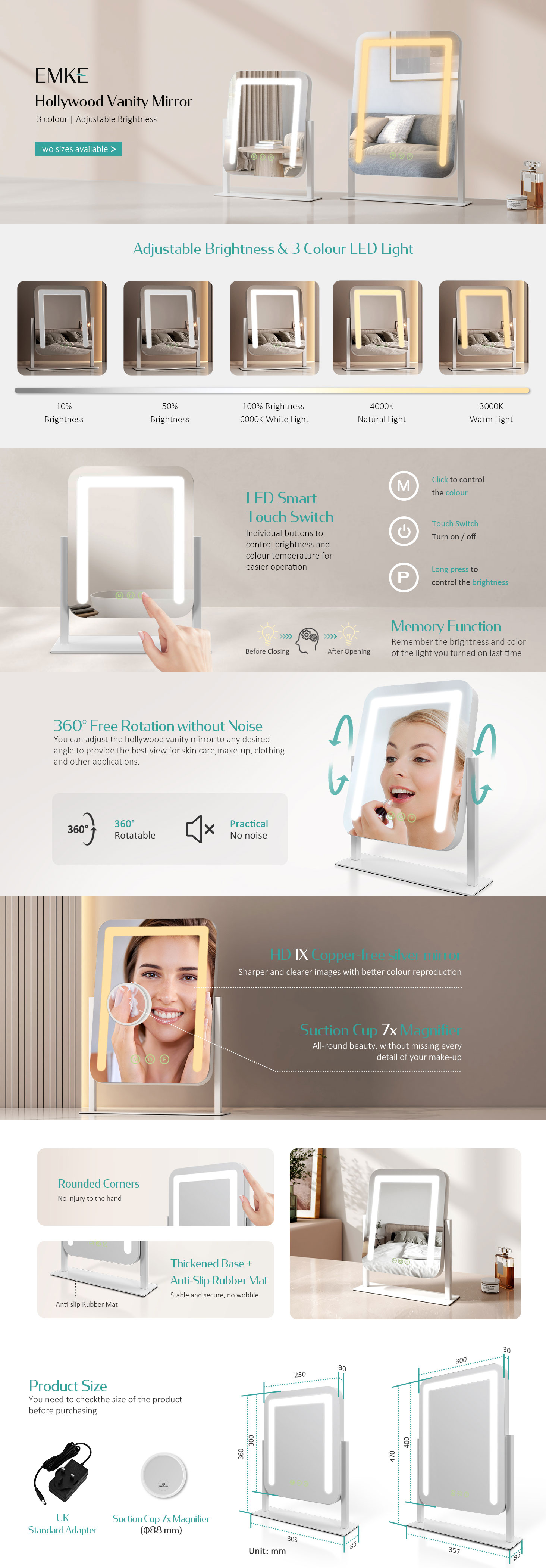 EMKE Dressing Table Makeup Mirror with 7X Magnifier, Rotating Hollywood ...