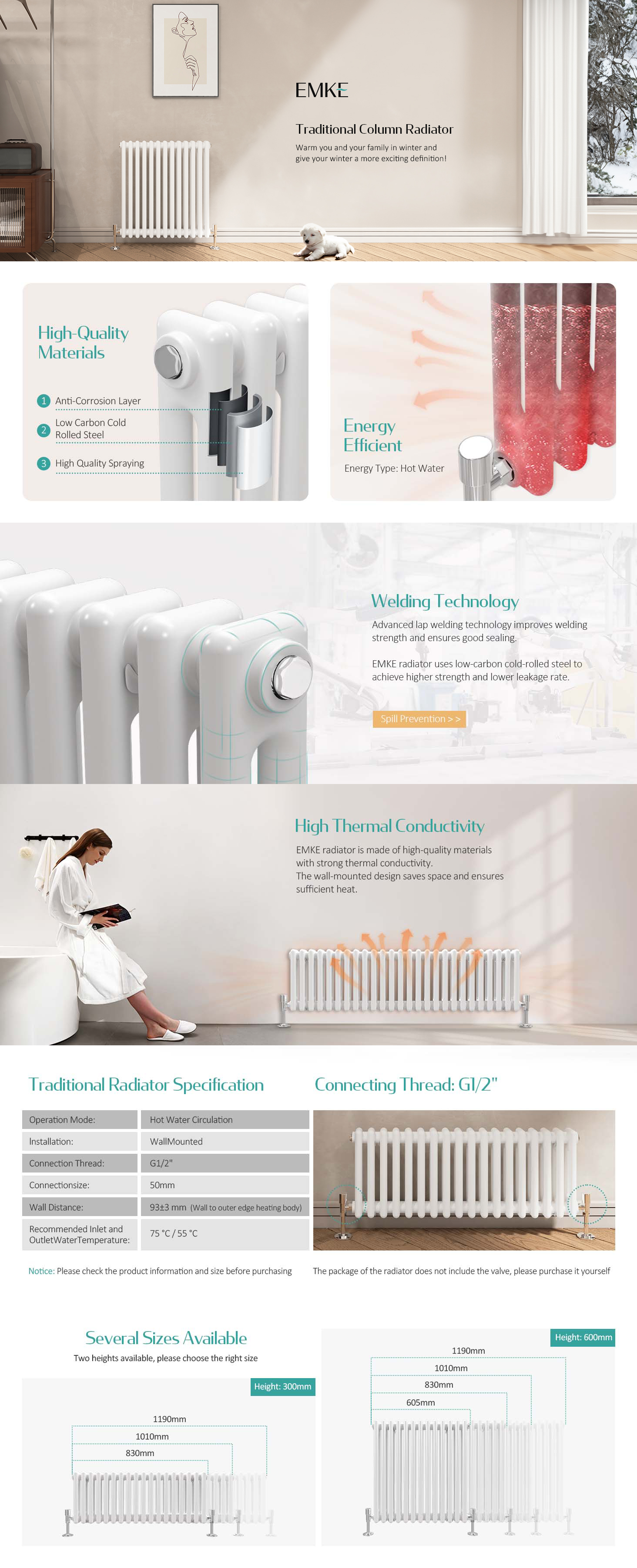 EMKE Traditional White Horizontal Cast Iron Radiator Double Column ...