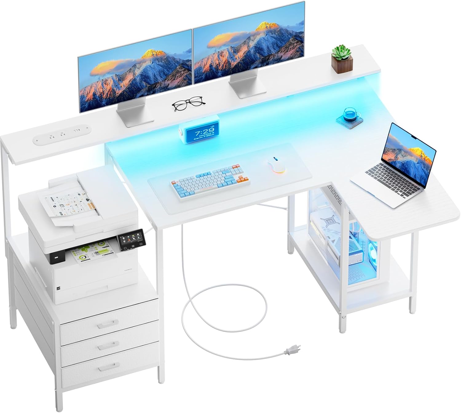 Computer Desk with Led Lights, Power Outlets & Storage Shelves, Home ...