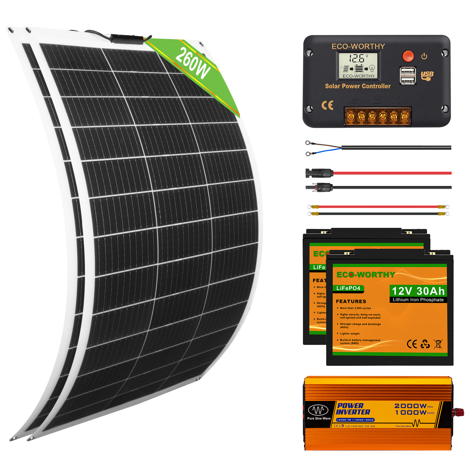 100W 200W 500W Flexible Solar Panel Kit ETFE LiFePO4 Battery RV Sailing ...