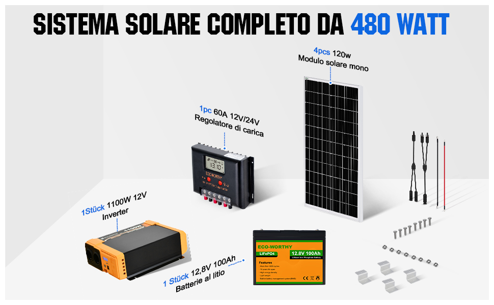 ECO-WORTHY 480w 12V kit di pannelli solari monocristallini con batterie ...