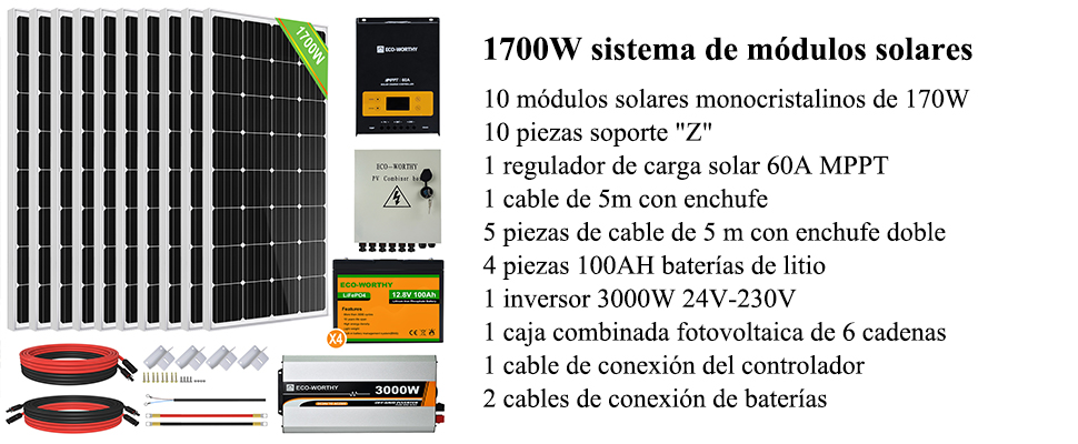 ECO-WORTHY Kit de panel solar ECO-WORTHY de 1700W con inversor solar de ...