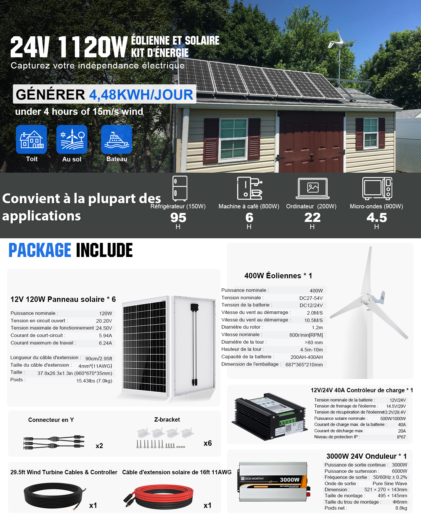 ECO-WORTHY 1120W 24V Hybrid System Éolienne de 400W et 6 panneaux solaires monocristallins de ...
