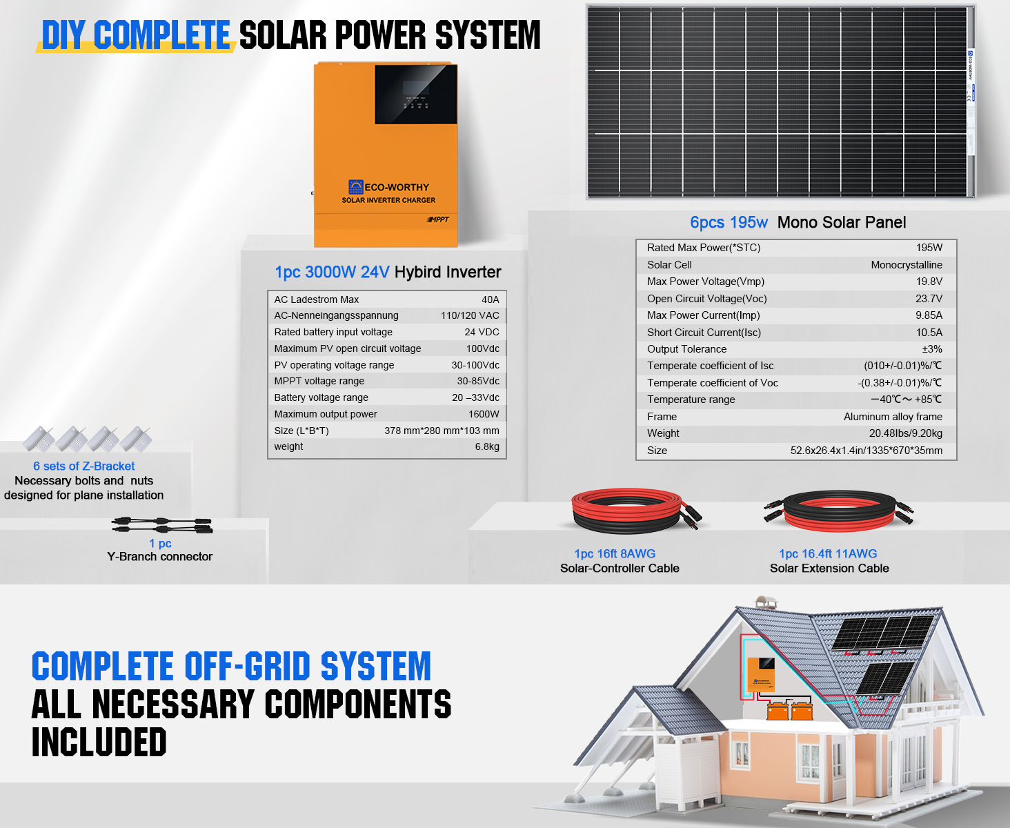 ECO-WORTHY 1170W Solar Panel Kit with 6pcs Bifacial Solar Panels and 3000W 24V Hybrid All-in one ...