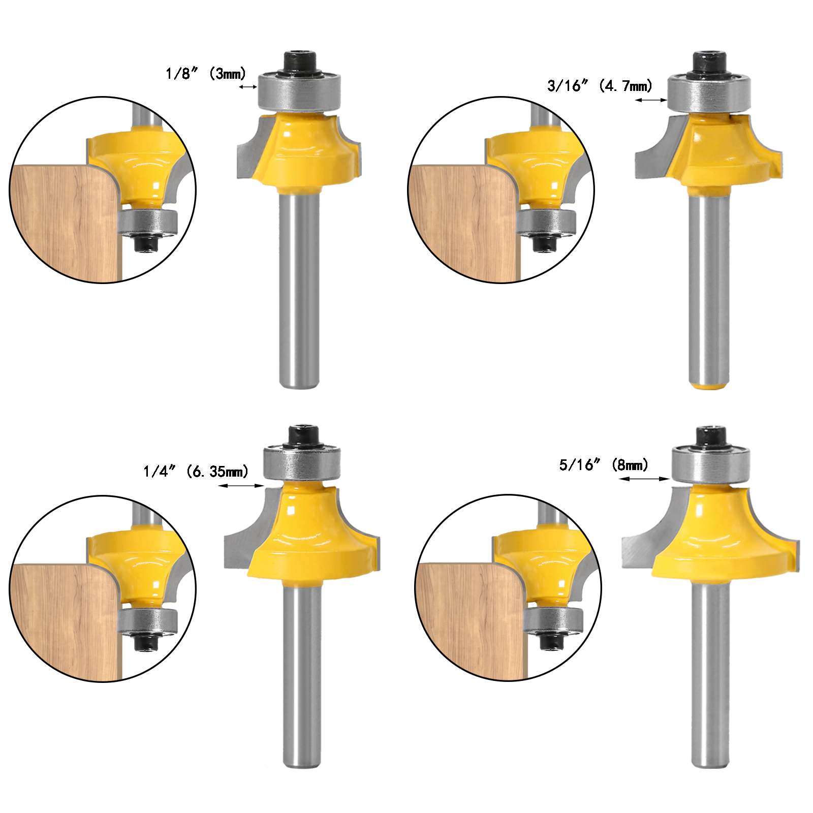 4X Round Over Edging Router Bit Set 1 4 Shank 1 8 3 16 1 4 5 16 4X Round Over Edging Router Bit Set 1 4 Shank 1 8 3 16 1 4 5 16
