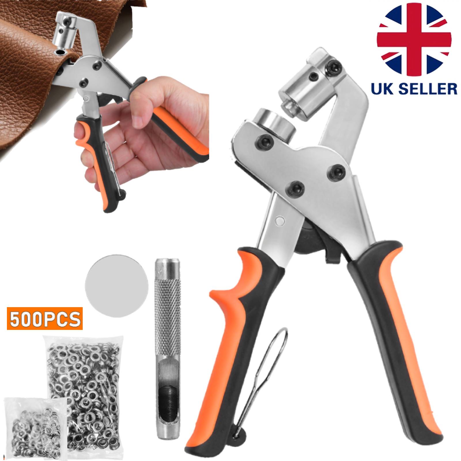 10MM EYELET PLIERS Hole Punch Complete Tool Kit Set With 500 Eyelets ...