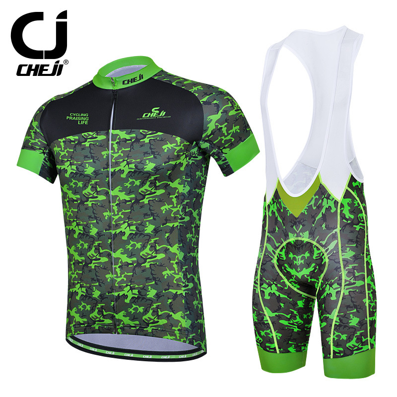 CHEJI Camo Green Men's Biking Jersey & (Bib) Shorts Set Paadded Cycling ...