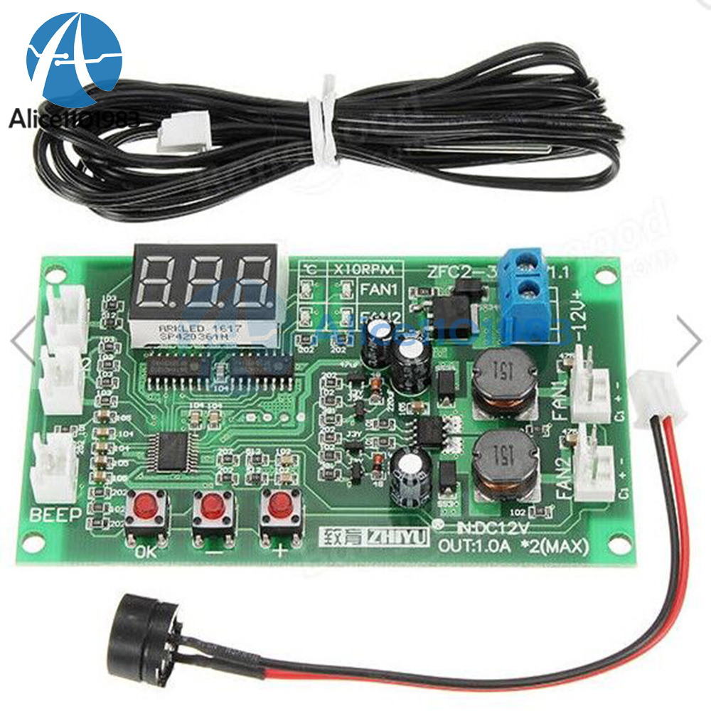 Digital 12V Fan Speed Controller Dual Ways 3-wire Display Temperature ...